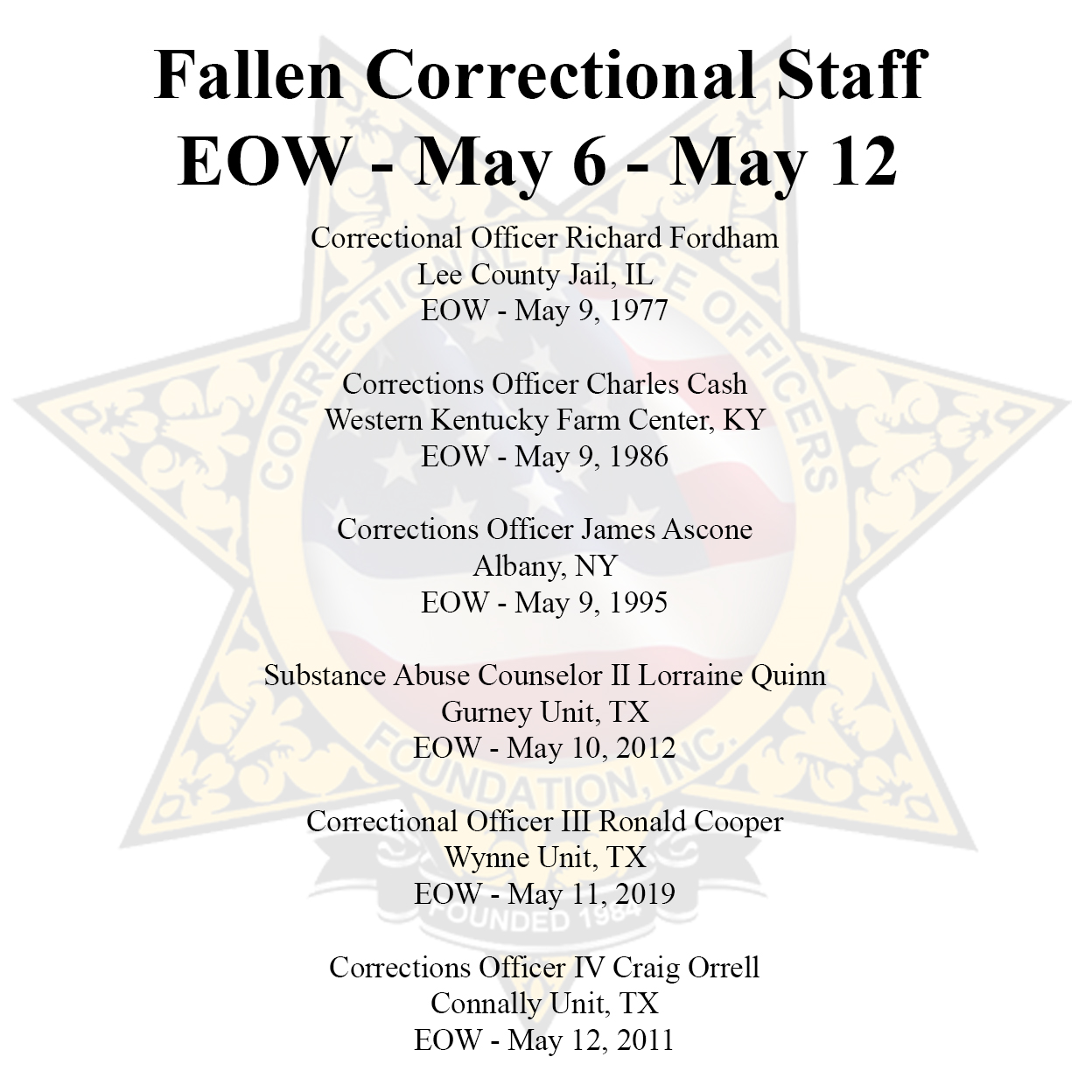Fallen Correctional Staff | EOW – May 6 – May 12 • Correctional Peace ...
